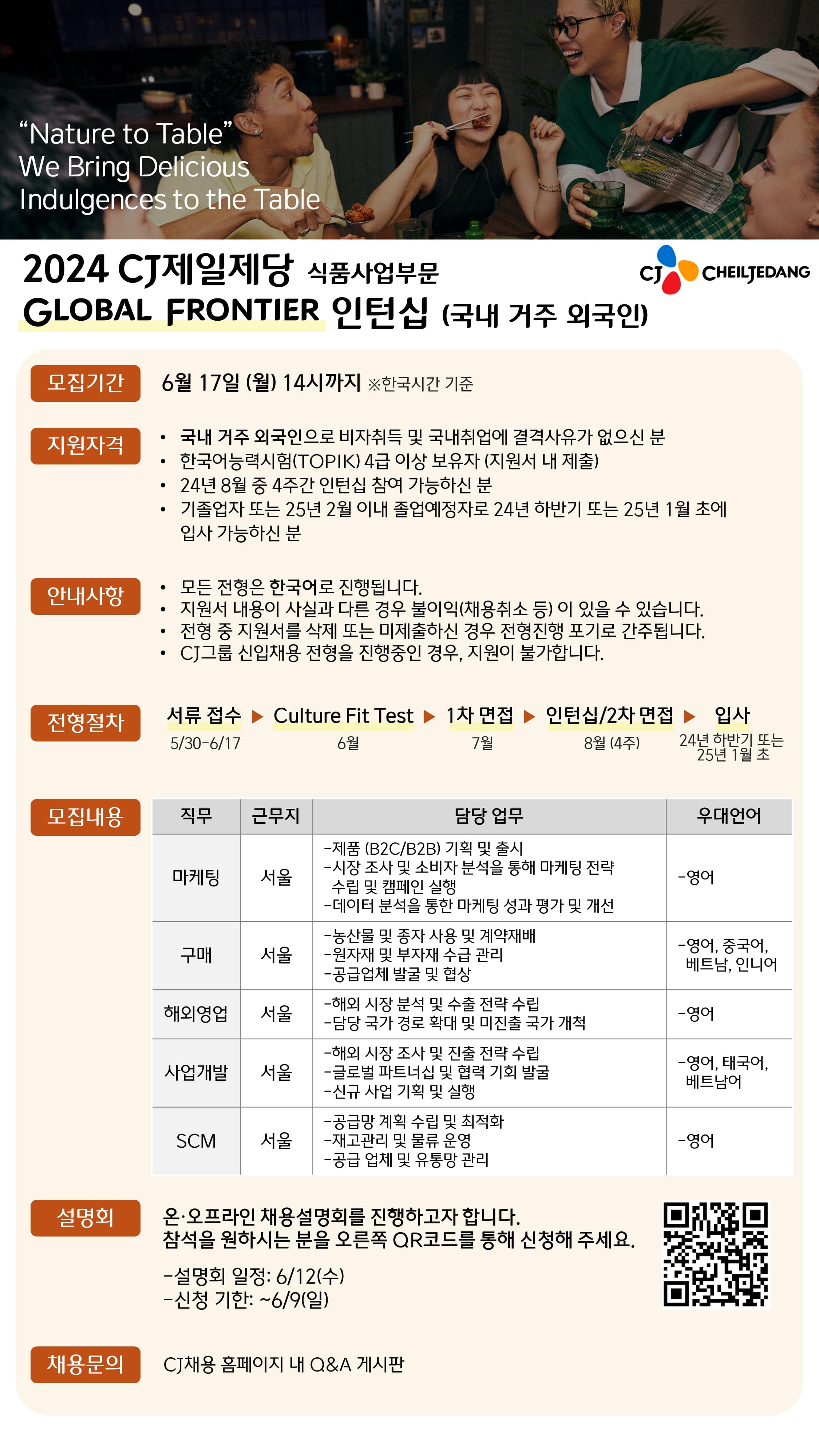 [채용] CJ제일제당 Global Frontier 인턴십 (국내 거주 외국인) (apply until 6.17. 14:00) | OIA